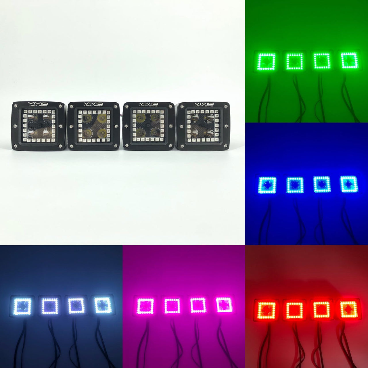 4 packs rgb 3" led pods & 8 packs led rock light & 5ft rgb led whip ...